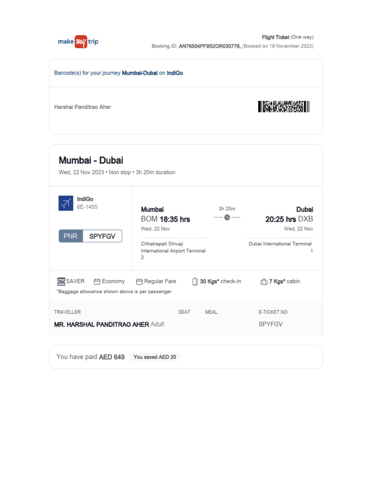 Bom To DXB 22 Nov 2023 | PDF