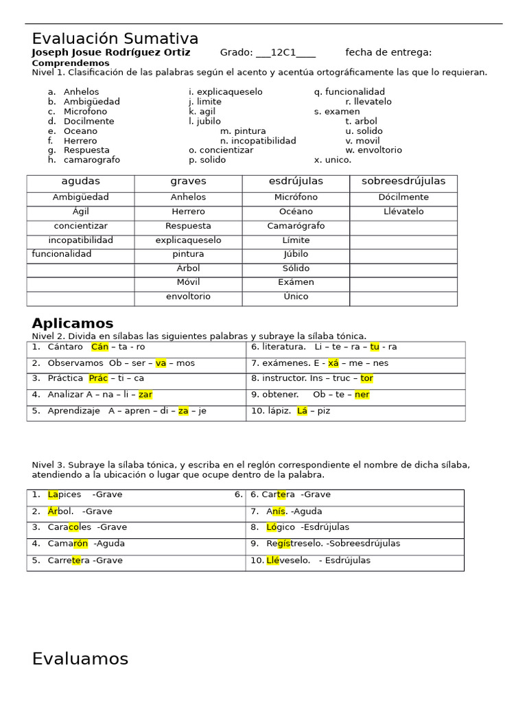 Evaluaci N Formativa Del Acento Joseph Rodr Guez 12C1 | PDF