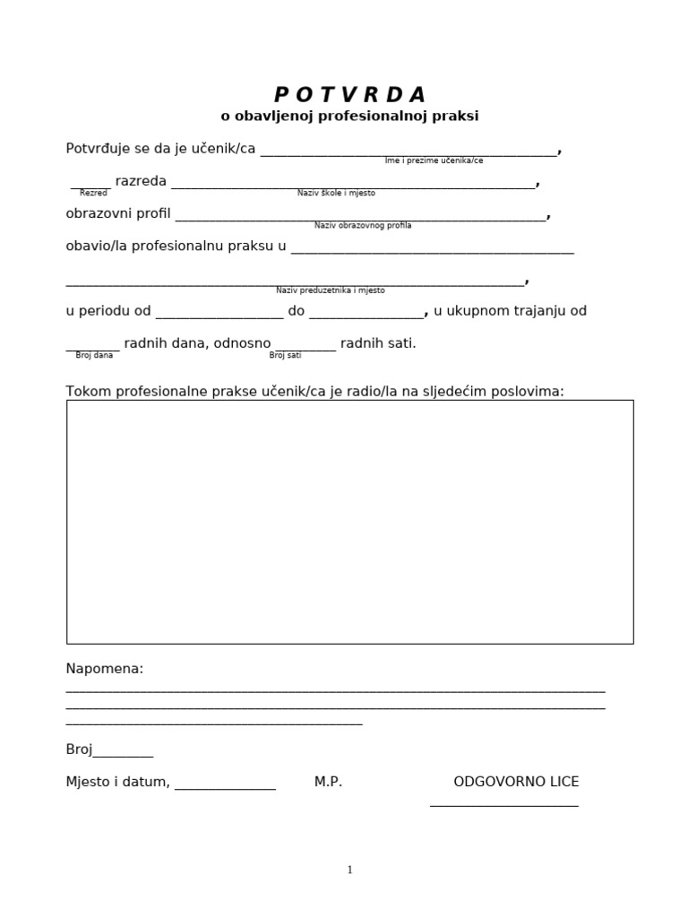 Potvrda o Obavljenoj Profesionalnoj Praksi | PDF