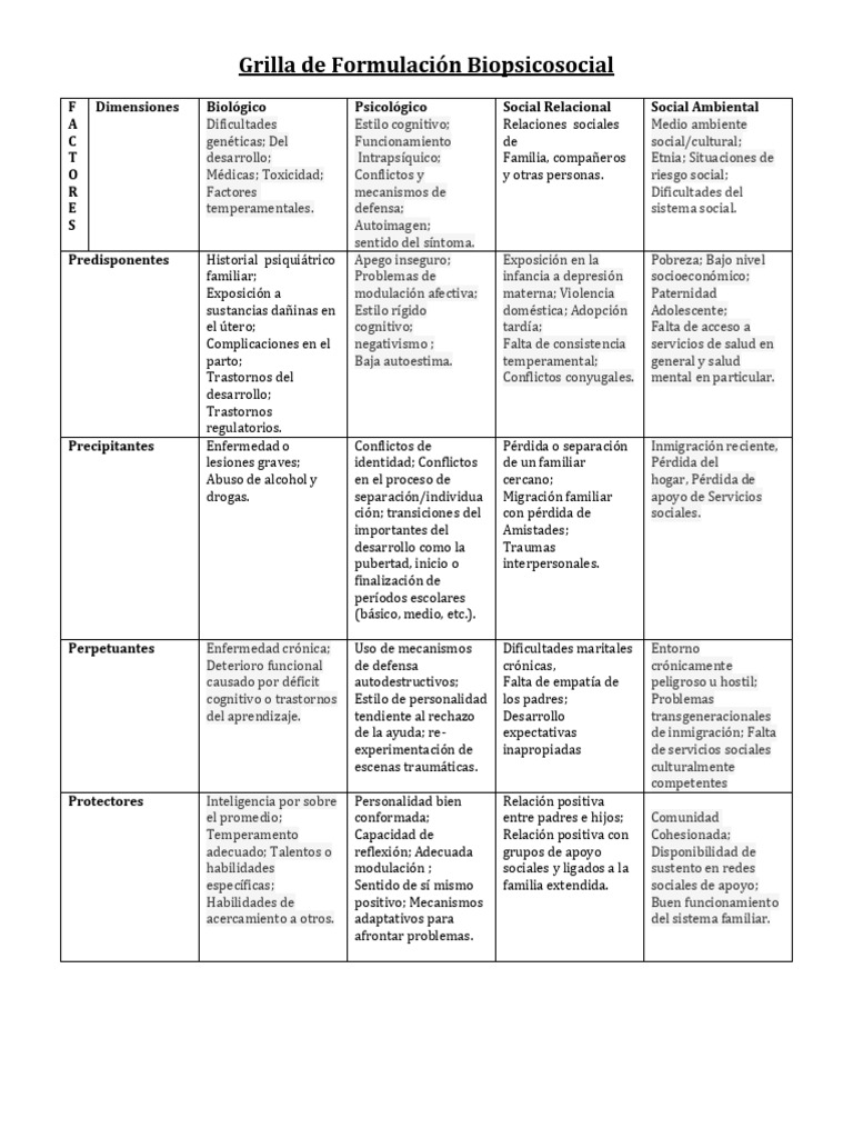 Grilla Biopsicosocial Con Guia de Llenado | PDF