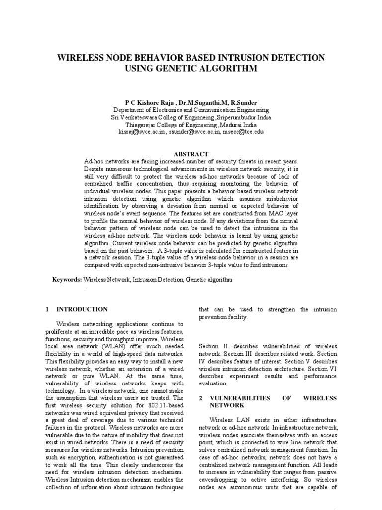 Wireless Node Behavior Based Intrusion Detection Using Genetic Algorithm | PDF | Wireless Lan ...