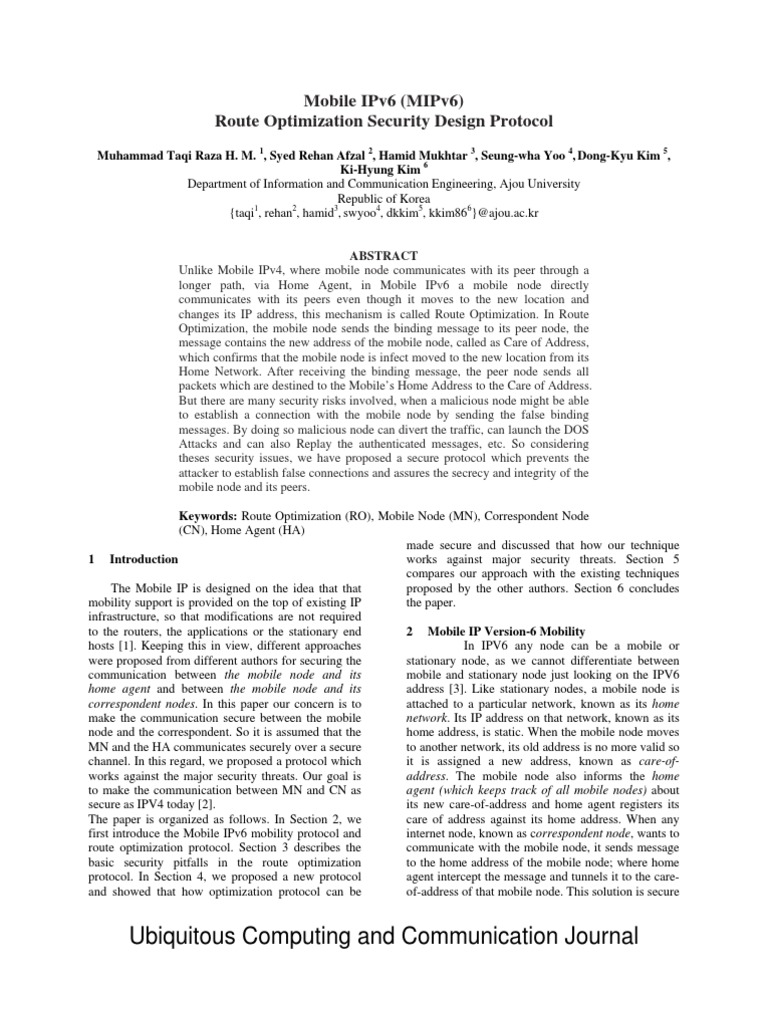 Ubiquitous Computing and Communication Journal: Mobile Ipv6 (Mipv6) Route Optimization Security ...