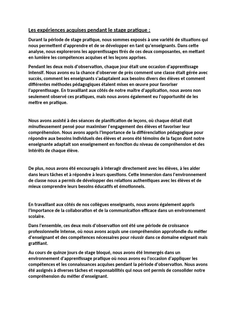 Les Expériences Acquises Pendant Le Stage Pratique | PDF