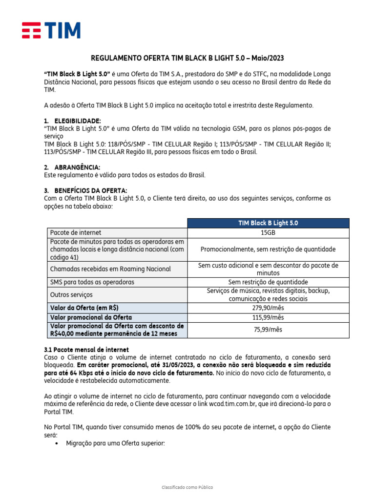 Regulamento TIM Black B Light 5.0 | PDF | Aplicativo para celular | Internet