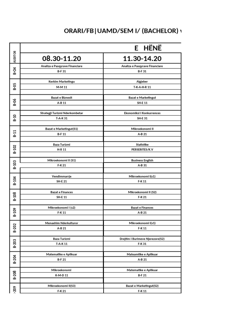 Orari Fakuletit Te Biznesit 21 22 Semestri I Pare | PDF