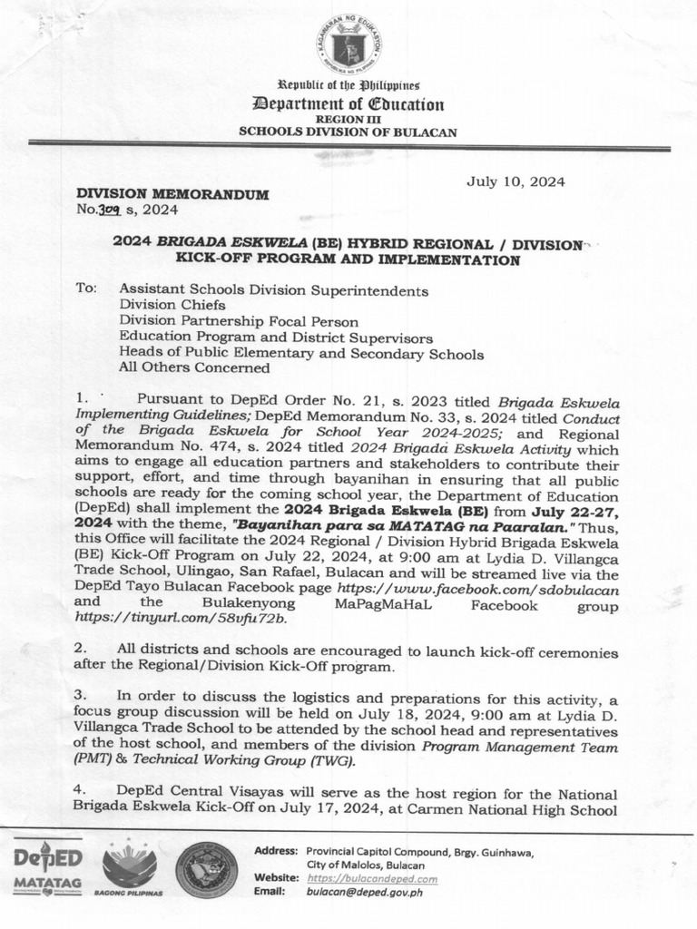Division Memorandum No 309 S 2024 | PDF