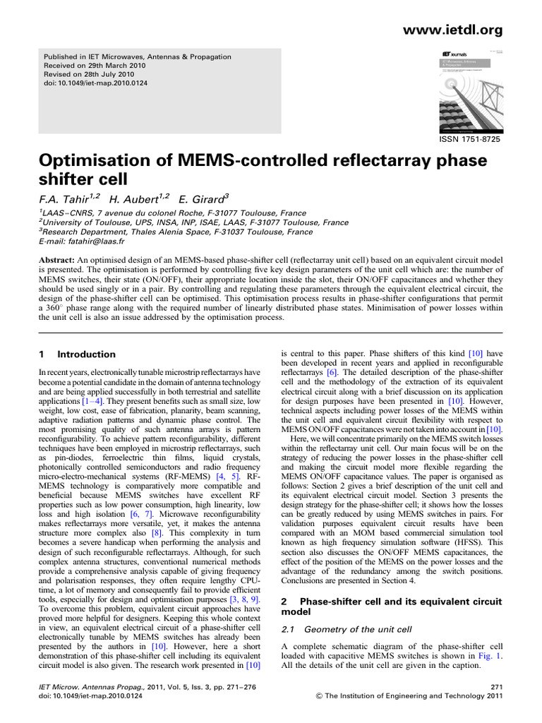Optimisation of MEMS-Controlled Reflectarray Phase Shifter Cell - IETMAP 2010 | PDF ...