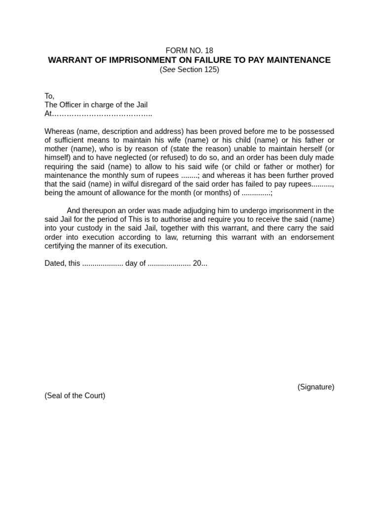 Warrant of Imprisonment On Failure To Pay Maintenance | PDF