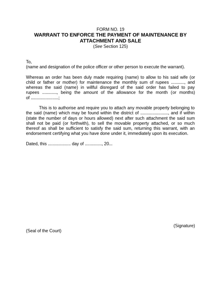 Warrant To Enforce The Payment of Maintenance by Attachment and Sale | PDF