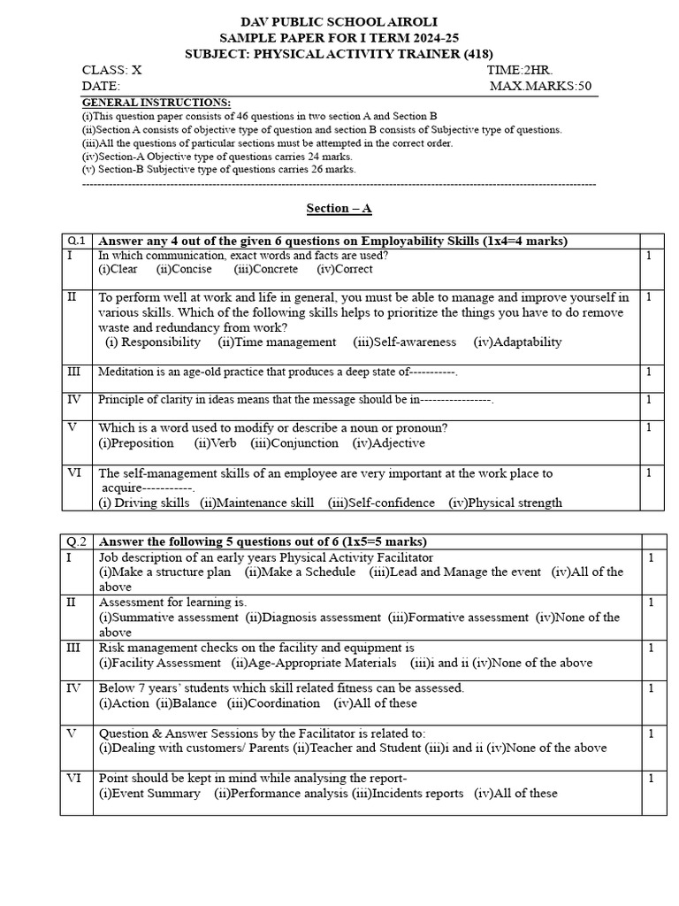 Sample Paper For I Term X STD PAT Updated | PDF