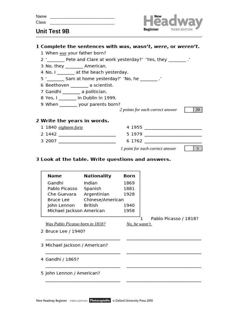New Headway Beginner Test Unit 9b | PDF
