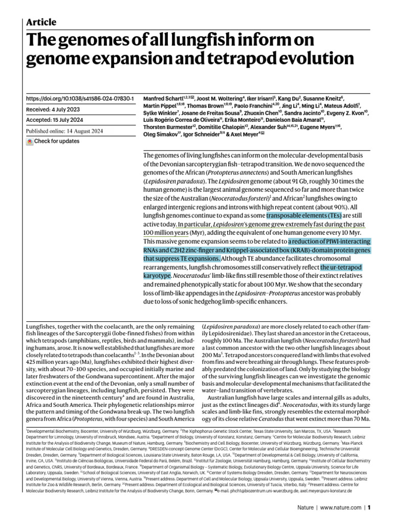 The Genomes of All Lungfish Inform On Genome Expansion and Tetrapod ...