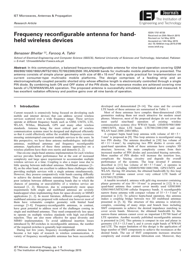 Frequency Reconfigurable Antenna For Handheld Wireless devices-IET MAP ...