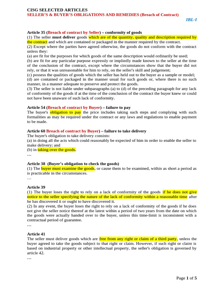 Cisg. Relevant Articles | PDF