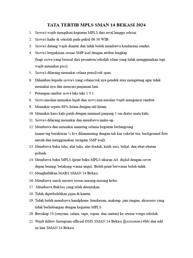 Tata Tertib Mpls Sman 14 Bekasi 2024 | PDF