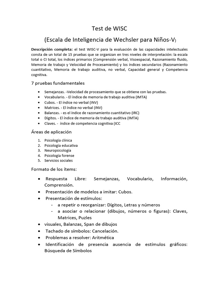 Test de WISC 2 | PDF | Ciencias del comportamiento | Psicología cognitiva