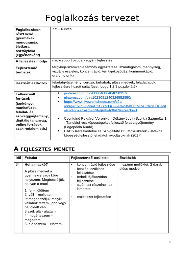 Foglalkozás Tervezet | PDF