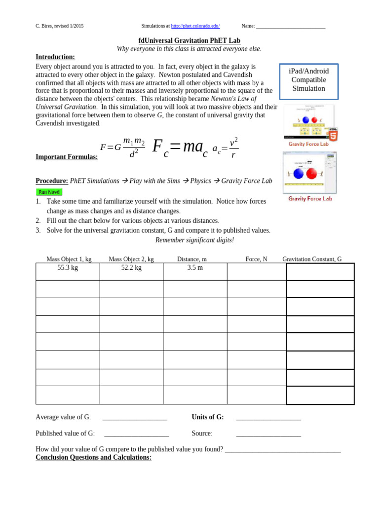 Newtonian Gravitation PhET Lab | PDF