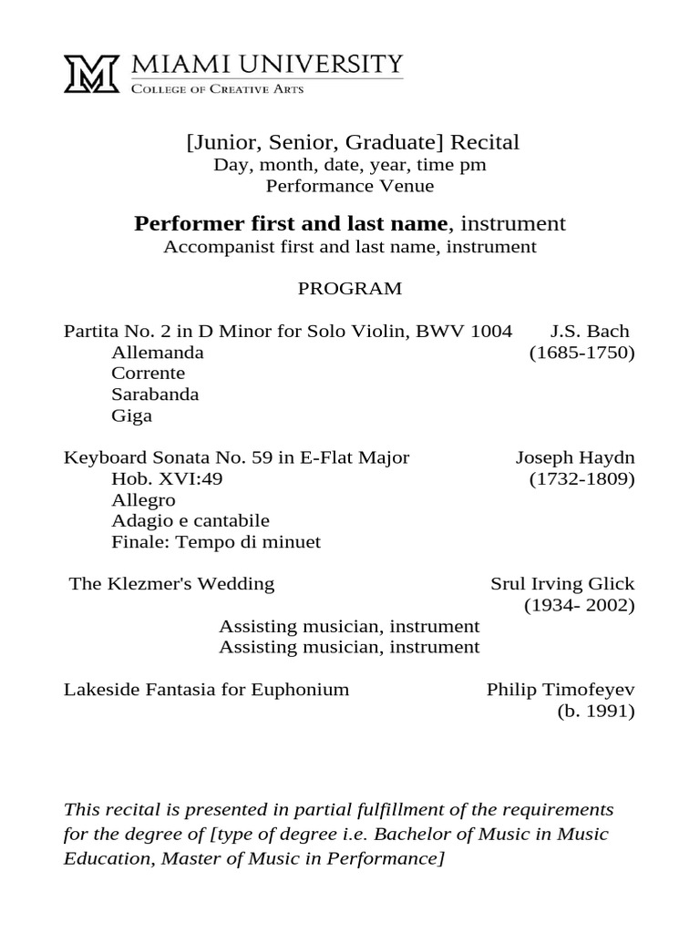 Student Instrumental Recital Program Template | PDF