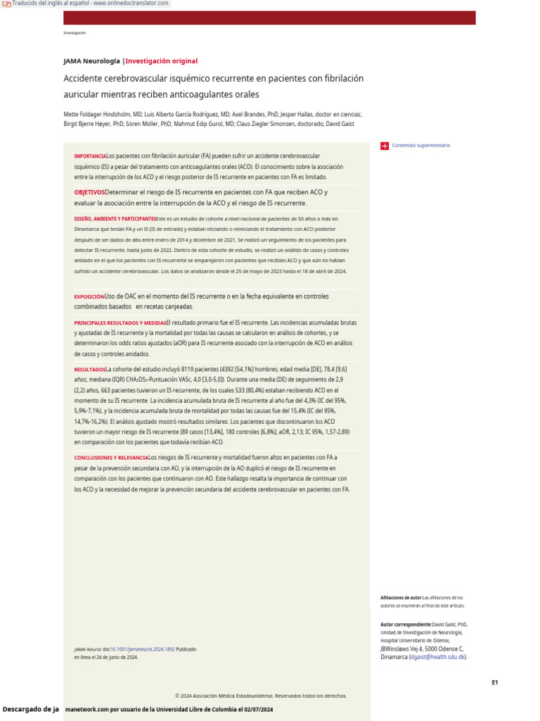 ACV Recurrente en Pts Con OAC y FA JAMA Neurol 2024.en - Es | PDF