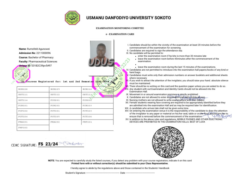 Student Examination Card - UDUS | PDF