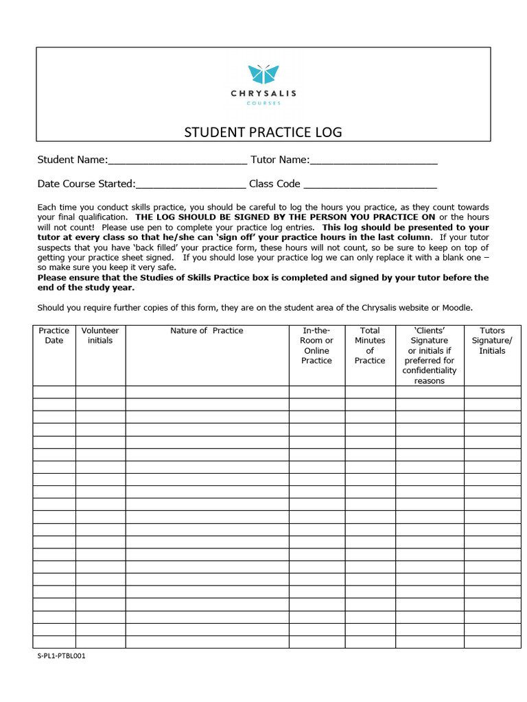 BL - Year 1 Student Practice Log PT | PDF