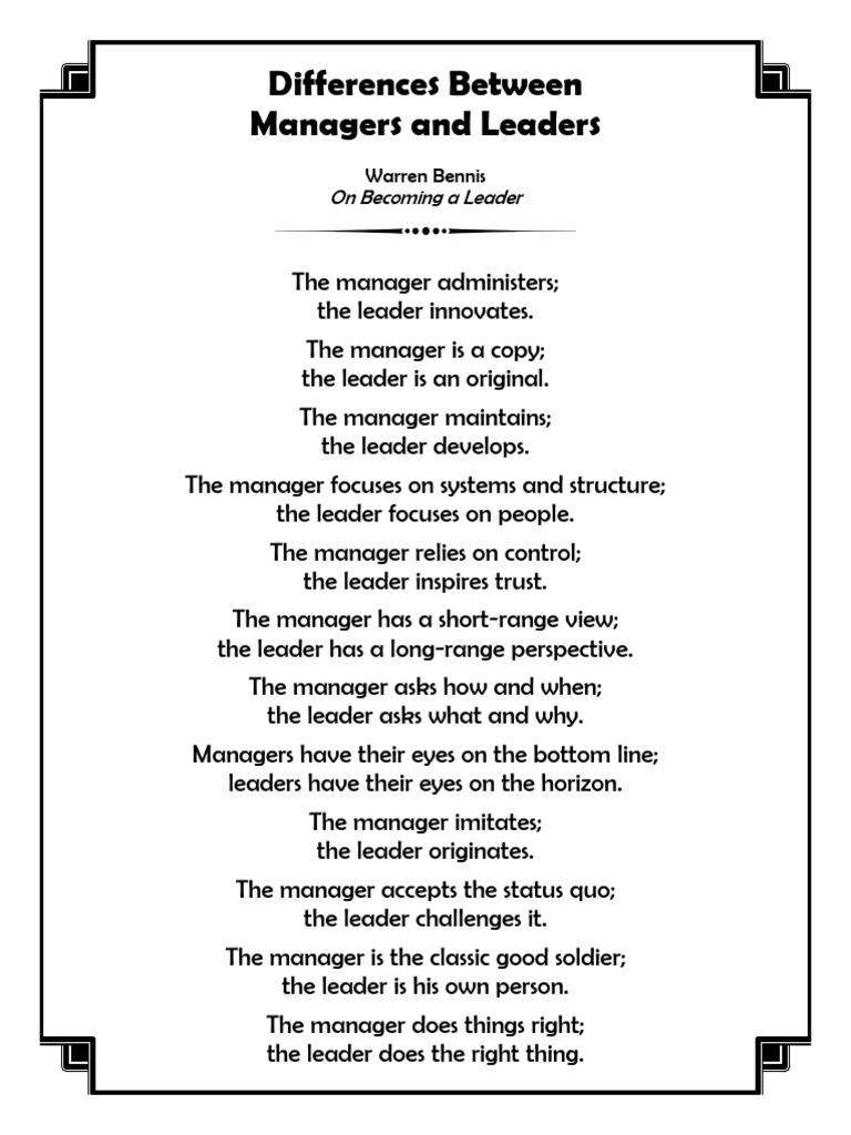 Differences Between Managers and Leaders - Warren Bennis | PDF