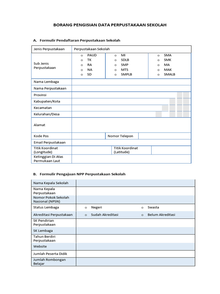 Borang Pengisian Data Perpustakaan Sekolah Kab Subang | PDF