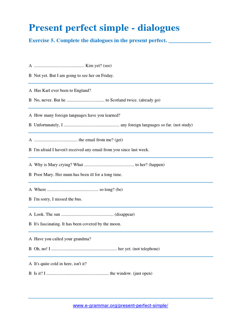 Present Perfect Tense Dialogues Exercise 5 | PDF