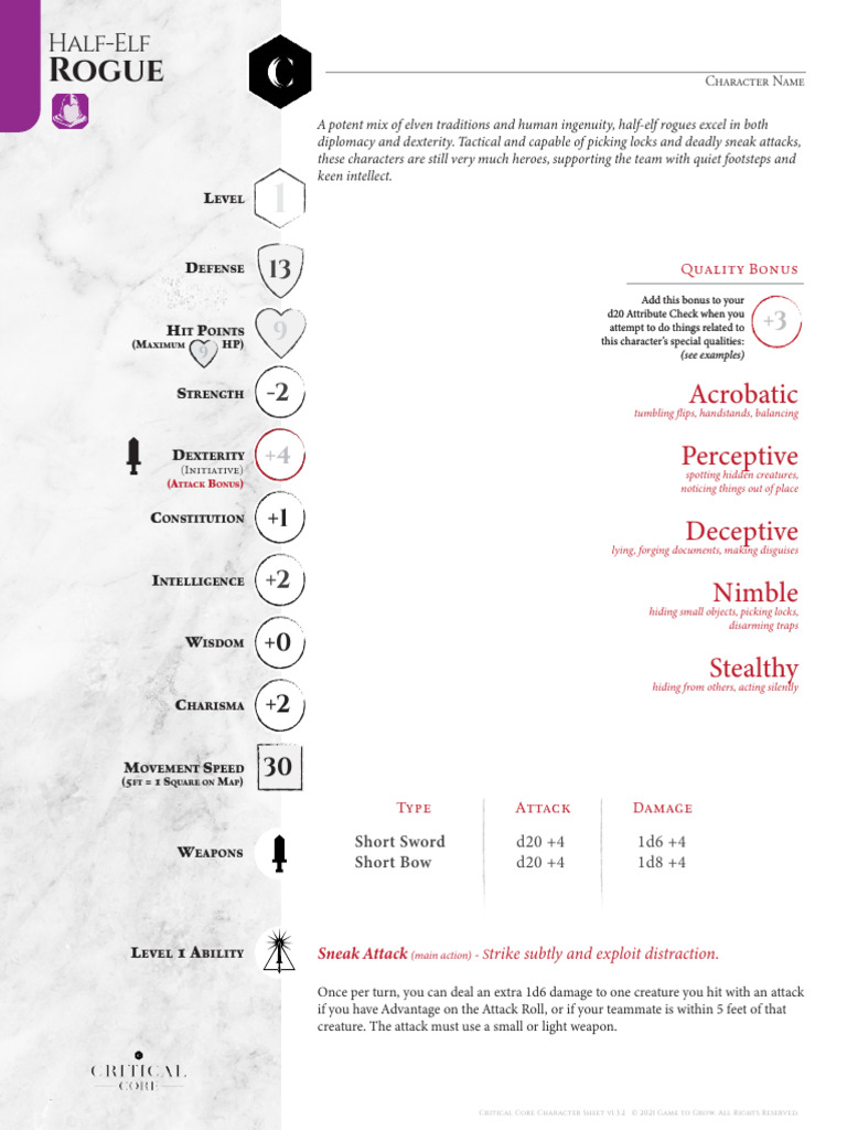 Character Sheet - Rogue - INK FRIENDLY | PDF