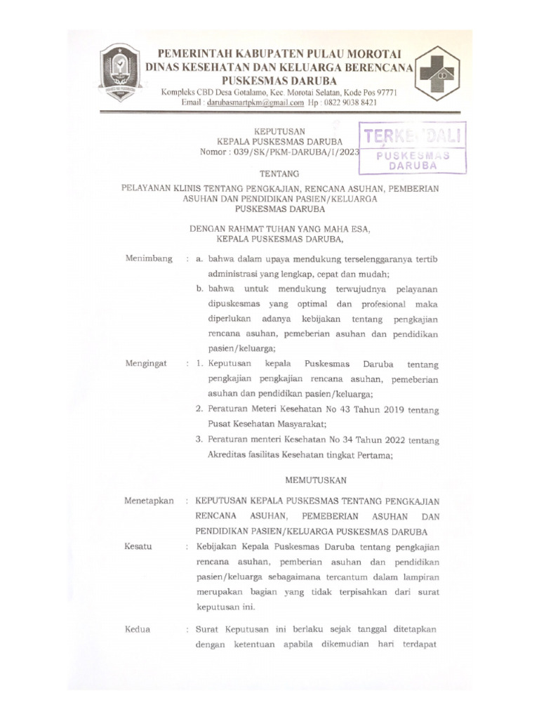 SK Pelayanan Klinis Tentang Pengkajian Rencana Asuhan, Pemberian Asuhan Dan Pendidikan Pasien ...