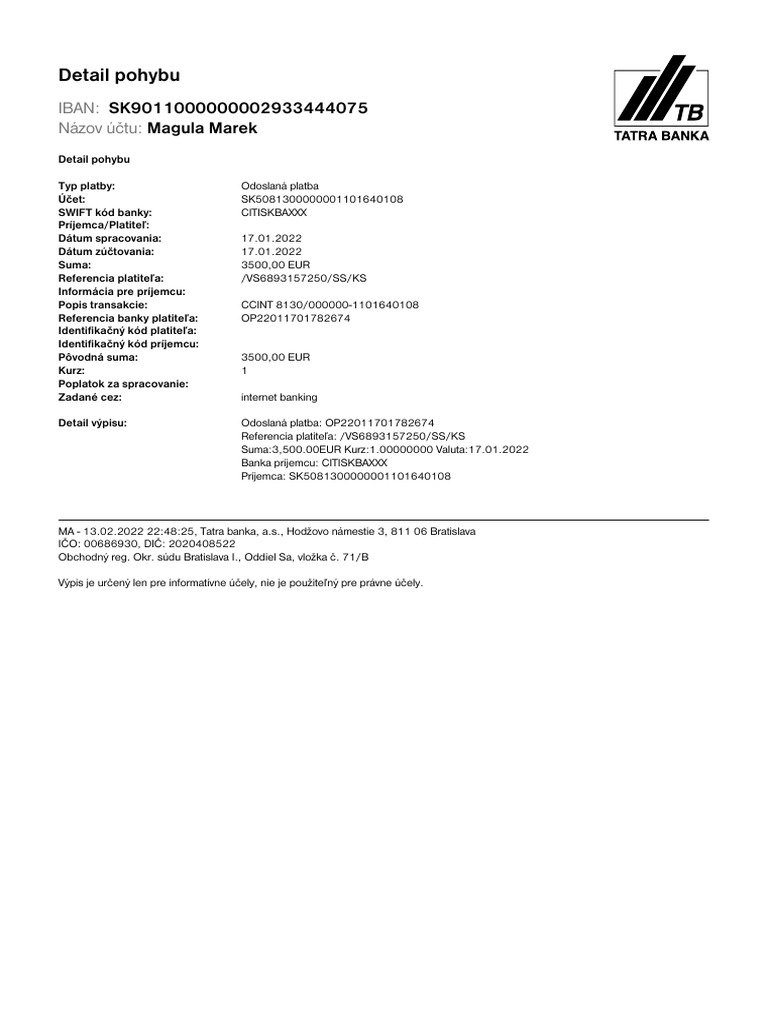 Detail Pohybu: SK9011000000002933444075 Magula Marek | PDF