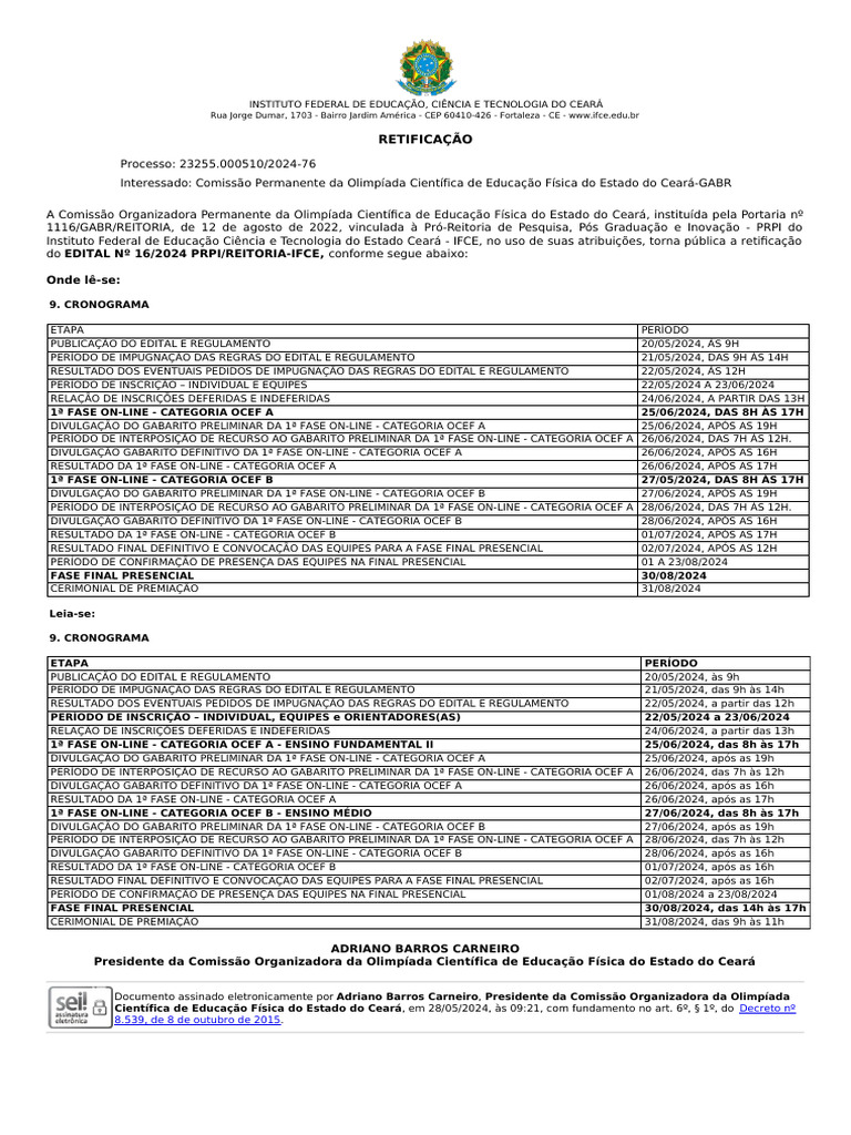 OCEF 2024 Retificacao Cronograma | PDF