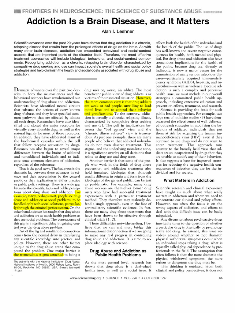 Leshner, 1997 - Addiction Is A Brain Disease, and It Matters. Science ...