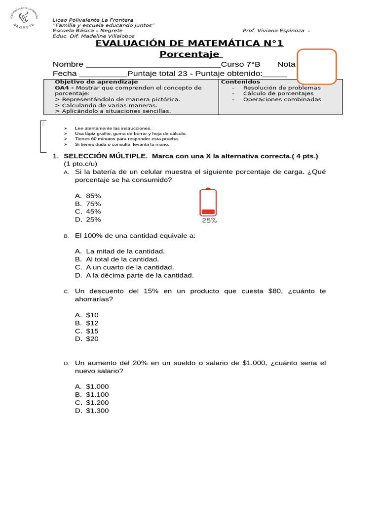 Eval 1 Mate - Porcentaje | PDF