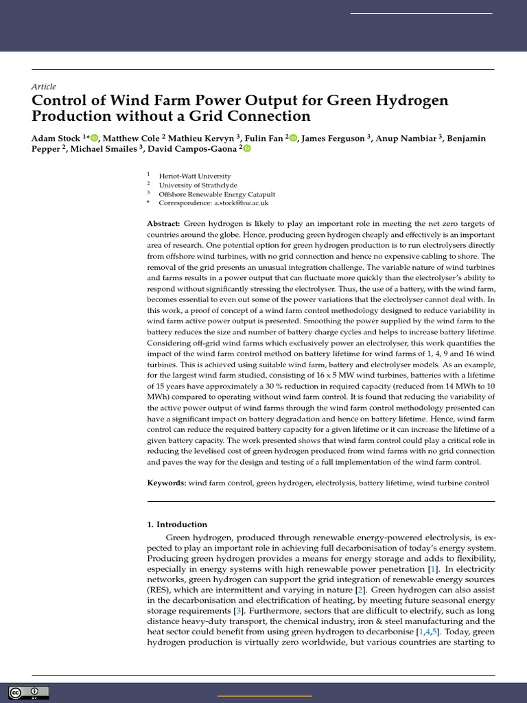 Control of Wind Farm Power Output For Green Hydrog | PDF