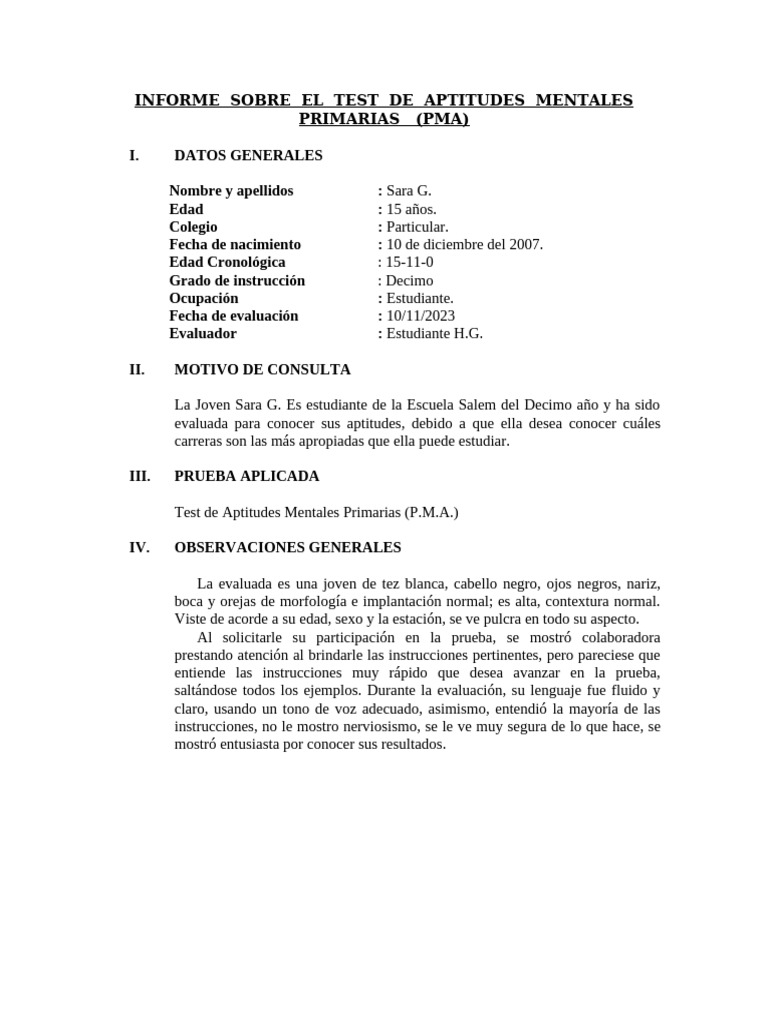 Informe Test Pma, Sara | PDF