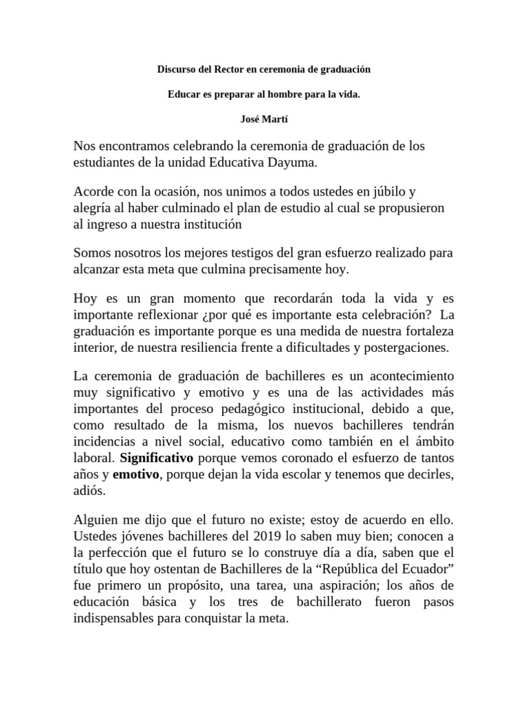 Discurso Del Rector en Ceremonia de Graduación Julio 26 Julio de 2019 | PDF
