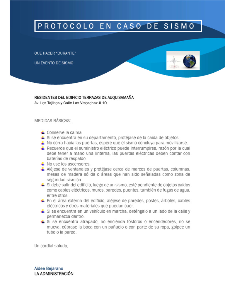 Protocolo en Caso de Sismo | PDF