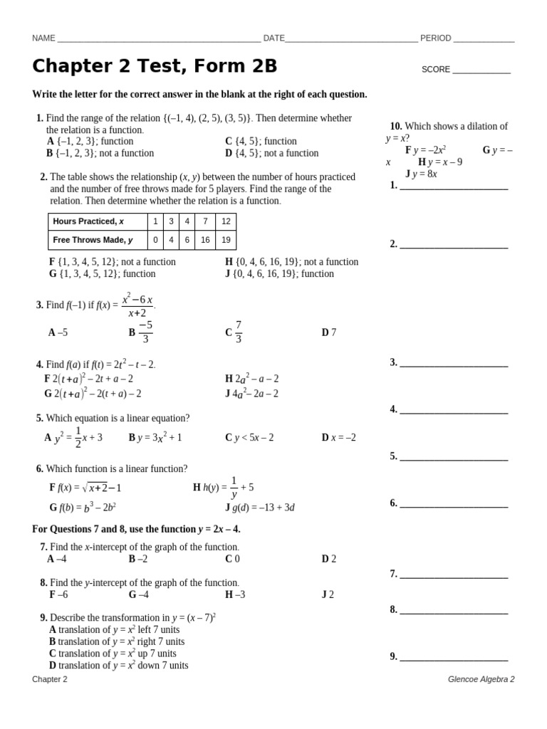 Chapter 2 Test, Form 2B: y X y X y X y X y X | PDF