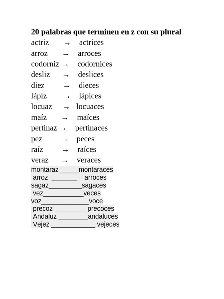 20 Palabras Que Terminen en Z Con Su Plura1 | PDF