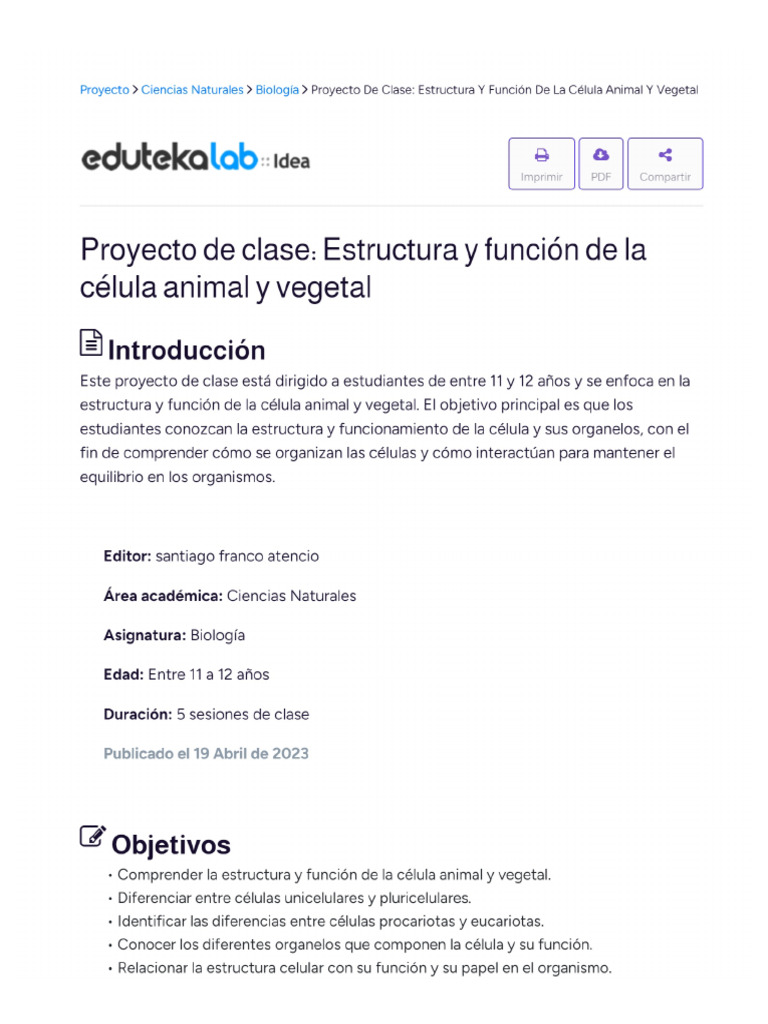 Proyecto de Clase - Estructura Y Función de La Célula Animal Y Vegetal ...