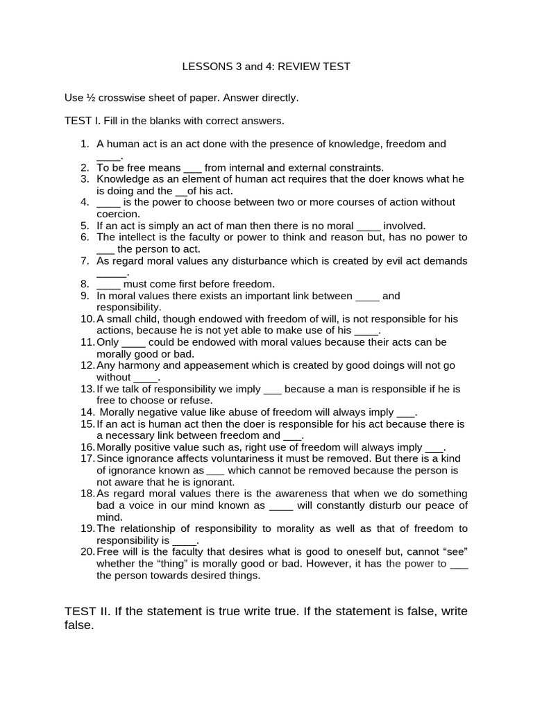 Review Test Lessons 3 and 4 | PDF | Conscience | Career & Growth