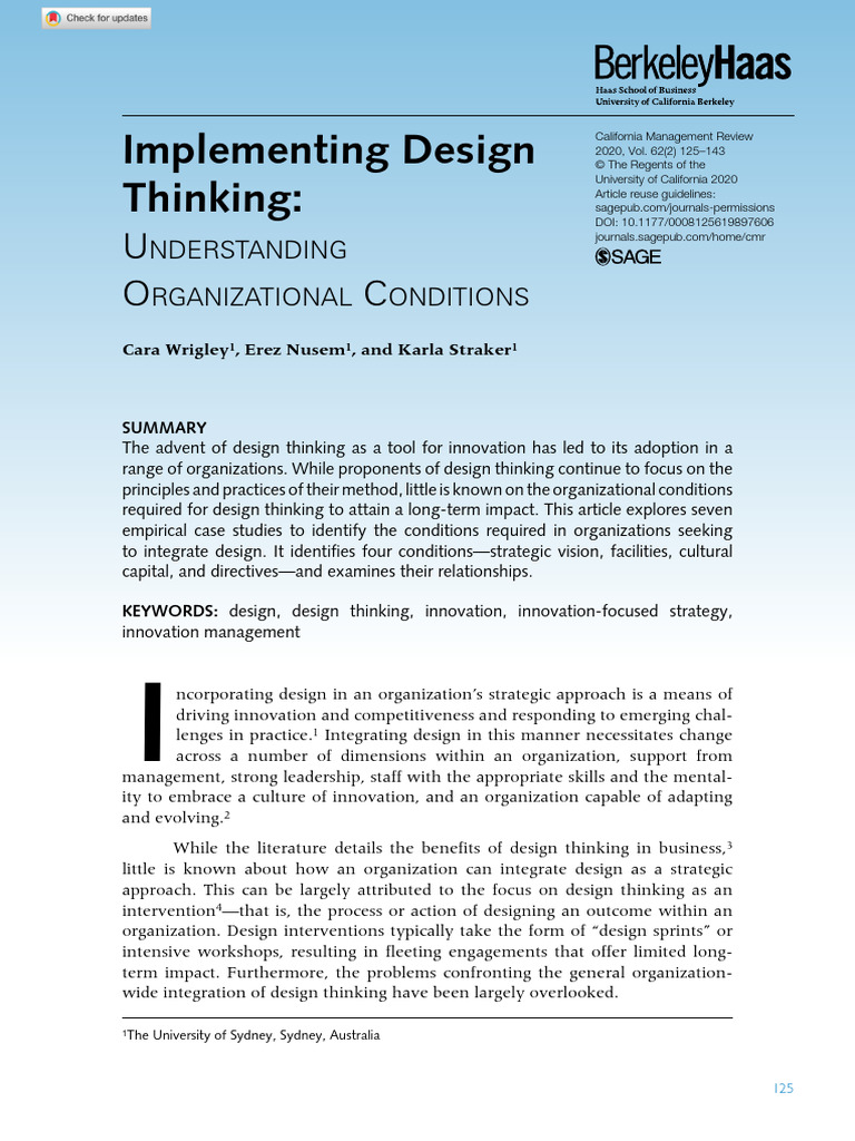 Implementing Design Thinking Understanding Organizational Conditions | PDF