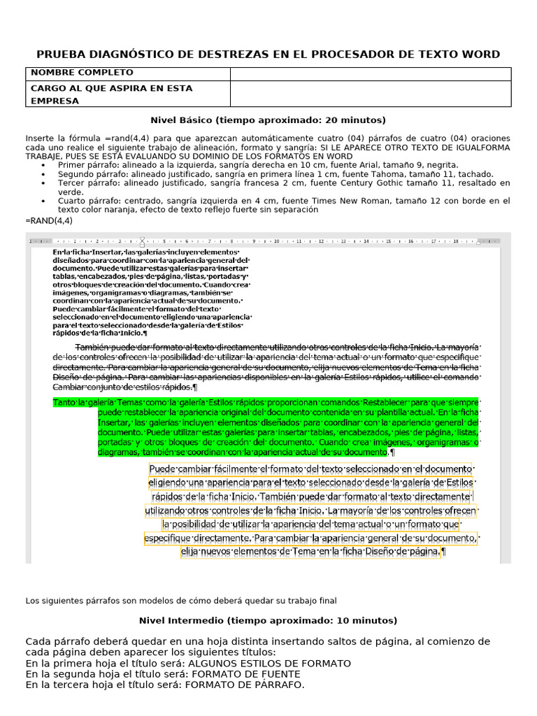 Prueba Diagnóstico de Destrezas en El Procesador de Texto Word | PDF