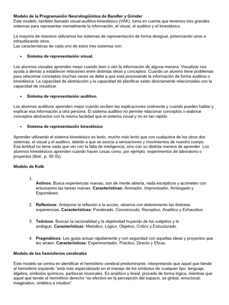 Modelo de La Programación Neurolingüística de Bandler y Grinder | PDF