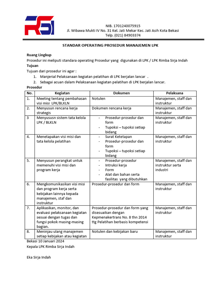 7.5.b1 SOP Manajemen LPK | PDF