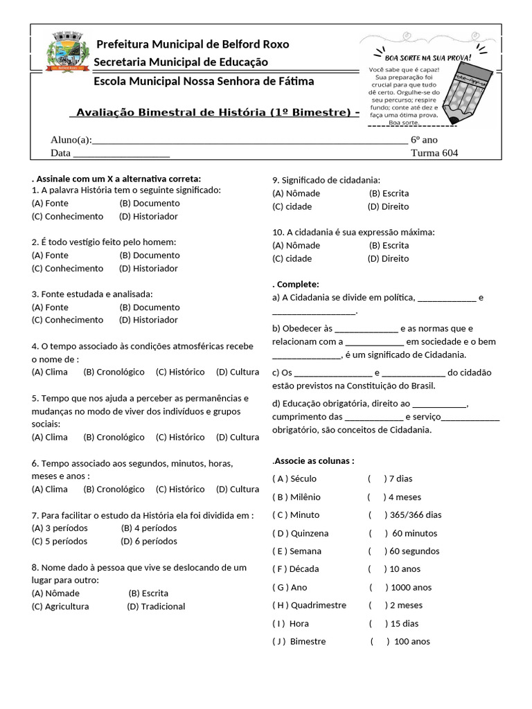 Prova 6o Ano 1o Bimestre | PDF