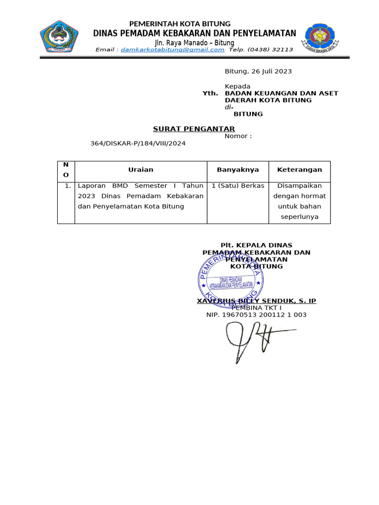 Surat Pengantar Laporan BMD Sem. I | PDF