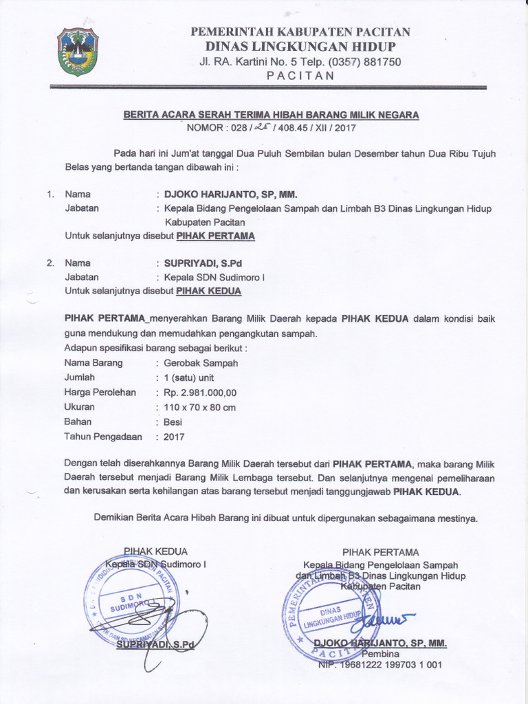 Berita Acara Serah Terima Gerobak Sampah | PDF Berita Acara Serah Terima Gerobak Sampah | PDF